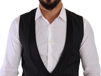 Dolce & Gabbana Mens Black Striped Wool Silk Waistcoat Vest Virgin Polyester Clothing