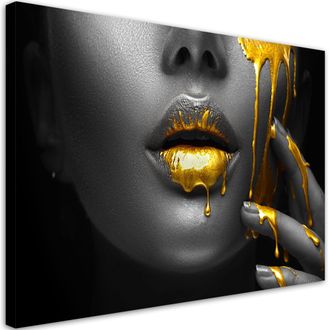Feeby Leinwand Bilder - Goldene Lippen Abstraktion - Canvas 90x60 cm - Deko Wohnzimmer - Wandbilder Schlafzimmer - Deko Aesthetic - Wand Deko - Leinwand Gro