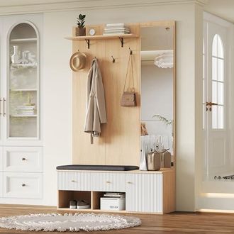 Merax Ensemble de garde-robe muraux, compacts, avec banc à chaussures rembourré, armoire à chaussures, patère, porte-manteau élégant pour entrée, meuble de 