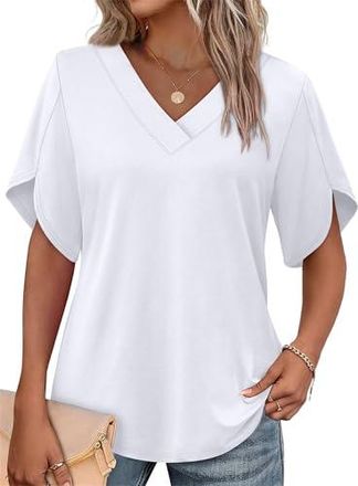 Generic T-shirt d&eacute;t&eacute; &agrave; col en V pour femme, tendance, d&eacute;contract&eacute;, habill&eacute;, &agrave; manches courtes, haut l&eacute;ger, extensible, pour lautomne, blanc, XXL
