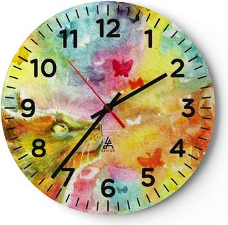Arttor Modern Wanduhr Katze Schmetterling Regenbogen Magie 30x30cm Rund Klein Wand Uhr Glas Analog Zimmeruhren Küche Büro Wohnzimmer Glasuhr Wall Clock Dekor