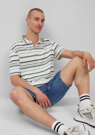 QS by s.Oliver Kurzarmshirt Polo-Shirt Gestreiftes Polo-T-Shirt aus schwerem Jersey