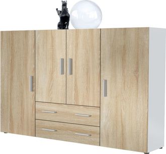 Vladon Highboard Nora Anrichte mit 2 Schubladen und 4 Türen mit insgesamt 8 Fächer dahinter, Weiß matt/Eiche sägerau (166,5 x 106,5 x 35 cm)