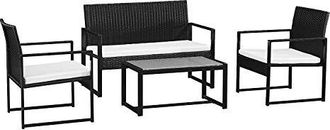 Happy Garden Salon de Jardin MAJORQUE en r&eacute;sine tress&eacute;e Noir 4 Places - Coussins Ivoire