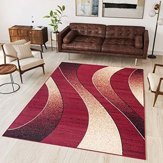 Tapiso Dream Tapis de Salon Chambre Salle à Manger Adulte Bureau Design Moderne Rouge Beige Bordeaux Abstrait Motif Ondes Vagues Poil Court Fin Doux Léger Ré