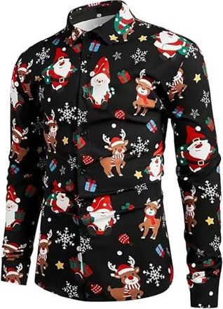 Generic Chemises de Noël pour hommes à manches longues - Haut de Noël amusant - Imprimé Père Noël fantaisie - Chemise de fête festive boutonnée pour lautomne 