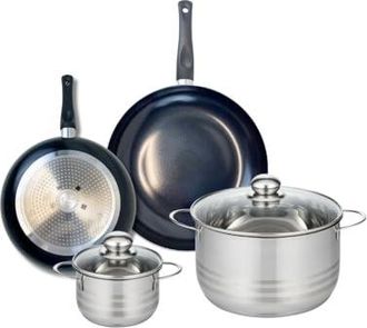 Fackelmann ELO 9732150 Batterie de cuisine 4 pièces, Ensemble de 2 Poêles de cuisson 24 et 28 cm et 2 faitouts 14 et 24 cm Elo Prima Brillant, inox, induction
