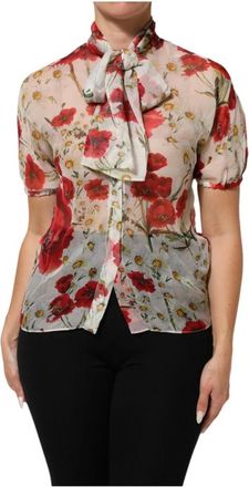 Dolce & Gabbana Femme, Blouses et Chemises, Multicolore, Taille: 32 FR Chemisier &agrave; Imprim&eacute; Floral Coquelicot et Col &agrave; Nouer