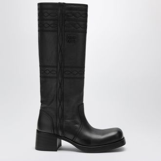 Miu Miu Anthrazitgraue Lederstiefel mit Stickereien