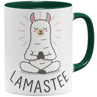 OM3 lustige Lama Kaffee-Tasse mit Spruch - Namaste Alpaka Yoga Motiv - Keramik Becher - 325ml - Beidseitig Bedruckt - Gr&uuml;n