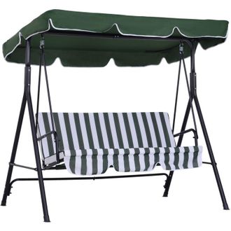OUTSUNNY Balancelle de jardin 3 places toit r&eacute;glable coussins assise dossier acier polyester vert blanc ray&eacute;