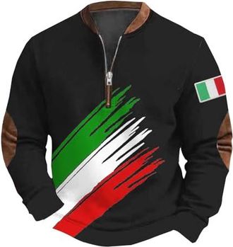 Generic Pull &Agrave; Manches Longues Homme Sweatshirt Homme sans Caupuche Demi-Zipp&eacute; Tee Shirt Sport Homme avec Impression Italie Drapeau Cr&eacute;atif Haut &agrave; Manches Lon