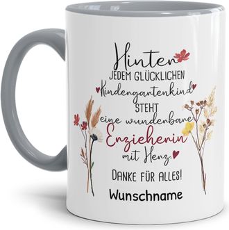 Tassendruck Personalisierbare Tasse für Erzieherin - Hinter jedem Kind Steht - Blumen Abschiedsgeschenk Erzieherin, Tasse mit Name Personalisieren | 300ml, Innen 