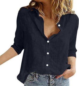 Generic Chemise ample en lin &agrave; manches courtes boutonn&eacute;e pour femme - Chemise en lin bleu p&acirc;le pour femme - T-shirt uni surdimensionn&eacute; Linentops Haut blanc Ha