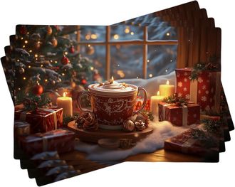 Generic Weihnachts-Kakao-Platzsets, Rot, festliche Tischsets für Winterurlaub, Esstisch, waschbar, für drinnen und draußen, dekorativ, 45,7 x 30,5 cm, 4 Stück