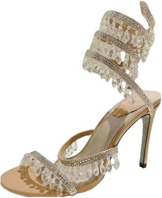 Generic YUJIEBB Sandales d&eacute;t&eacute; &agrave; talons hauts pour femme avec strass et perles de cheville serpent ficelle autour des chaussures de mariage sandales de gladiat
