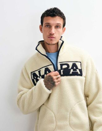 Napapijri sweat polaire demi-zip &agrave; logo carr&eacute; beige-Neutre