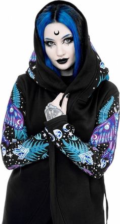 Restyle Enchanted Forest Hoodie - Gestickte Motte und Farn, floraler Gothic-Stil, Schwarz, 3XL