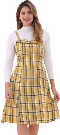Allegra K Robe mi-Longue Vintage sans Manches de Boutons à Carreaux de Noël pour Femme Jaune S