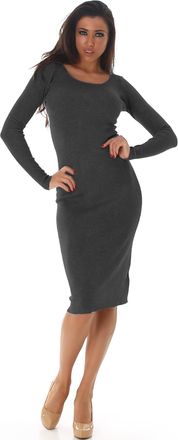 Voyelles Damen Midi Strick Kleid Pulloverkleid Knielang Etui Stretch Langarm, Dunkelgrau 36-38