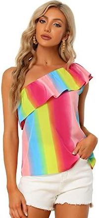 Allegra K Haut Chemisier dété Arc-en-Ciel à Une épaule à Volants pour Femmes Arc-en-Ciel Rose M