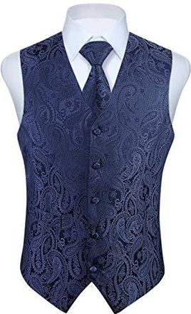 Hisdern Gilet de Costume Homme Bleu Marine Paisley Mariage Gilet Cravate Pochette Mouchoir Jacquard Gilets Sans Manche Hommes Ensemble 3XL