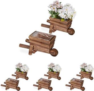 Relaxdays Pflanzschubkarre, 2er Set, Gartendeko, H x B x T: 12,5 x 26 x 12 cm, Blumenkarre zum Bepflanzen, Holz, Natur (Packung mit 4)