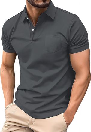 KEFITEVD Poloshirt Herren Kurzarm mit Brusttasche Atmungsaktive Golf Poloshirt Polyester Tshirt M&auml;nner Sommer Knopfleiste Polohemd Hellgrau XXL