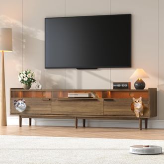 Generic TV-Schrank Walnuss Optik 180 cm Lowboard mit Katzenh&ouml;hle & LED TV-M&ouml;bel Glast&uuml;ren 1 Schublade Sideboard Fernsehtisch Haustierfreundlich TV-Bank f&uuml;r Wo