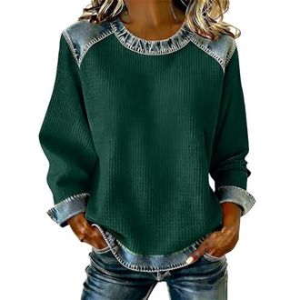 Generic Sweat-shirts pour femme sans capuche vintage en tricot gaufr&eacute; denim patchwork sweatshirts surdimensionn&eacute;s &agrave; col rond pulls de couleurs blocs de couleu