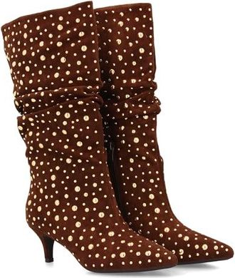 Shoes & Blues Botte pour femme en gris froissé décorée de clous métalliques brillants type strass. Froncé, talon fin, bout fin. Idéal pour la saison automne hiver.,