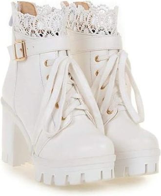 Generic Bottes gothiques pour femme à talons épais en cuir gothique antidérapant à lacets à talons hauts Bottines de cowboy à mollet large, blanc, 38.5 EU