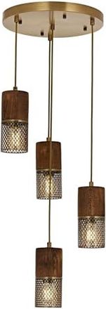Opviq Vintage Metal Chandelier with Wooden Cap, 100 cm Height, 35 cm Diameter | 4 x E27 Max 40W | Elegant Brown Design for Modern Home D&eacute;cor