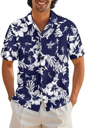 Generico Chemise hawa&iuml;enne d&eacute;contract&eacute;e pour homme &agrave; manches courtes, v&ecirc;tement d&eacute;t&eacute; tropical, chemise en lin, chemisier basique, chemise d&eacute;t&eacute; unie, pour la pla