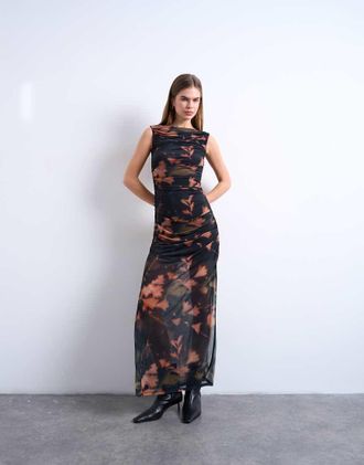 Topshop Robe longue fronc&eacute;e en tulle &agrave; fleurs - Noir