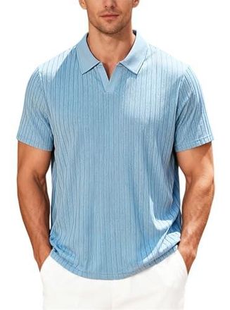Generic Polo d&eacute;t&eacute; tendance et respirant &agrave; rayures avec col en V et &eacute;lastique pour homme, bleu clair, XXL