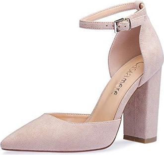 Castamere Femme Bride Cheville Sandales Bout Pointu Carré Bloc Talon Escarpins 10CM Beige Nu Suède Chaussures EU 39