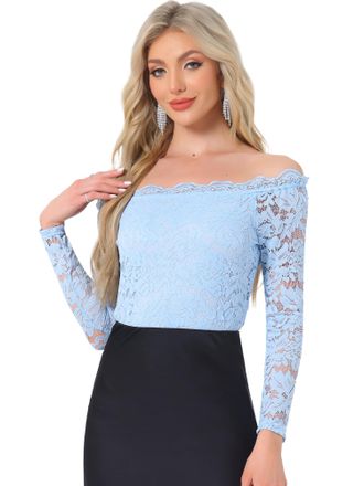 Allegra K Damen Off Shoulder Spitzenbluse Langarm Schulterfrei Oberteil Blumen Transparent Carmenbluse Elegant Top Trachtenbluse Hellblau S