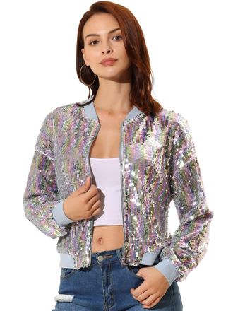 Allegra K Damen Glitzer Jacke Bomberjacke Pailletten Bomber Jacke Langarm Party Club Metallic Sequin Jacken Wei&szlig;er Regenbogen M