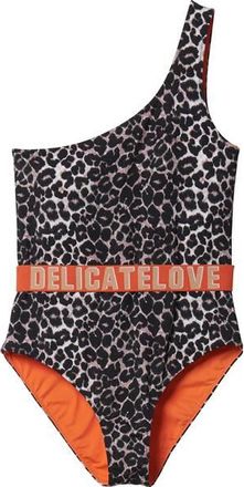 Delicate.love Damen Badeanzug Asymetrischer Badeanzug ZORA mit seperatem G&uuml;rtel Classic Leo