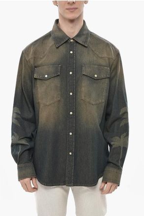 Palm Angels Vintage-Washed Denim Shirt With Palm Motif size Xxl