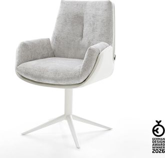 DELIFE Drehstuhl Clea-Flex Materialmix Echtleder Wei&szlig;-Silbergrau Fu&szlig;kreuz Wei&szlig; 360&deg; drehbar Wippfunktion, Esszimmerst&uuml;hle
