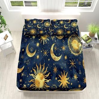 Generic Drap-Housse Imprim&eacute; 3D Croissant De Lune Soleil &Eacute;toiles Parure De Lit Drap Imprim&eacute; 140x200cm avec Deux Taies doreiller 65x65cm Or Poche de 30 cm de Pr