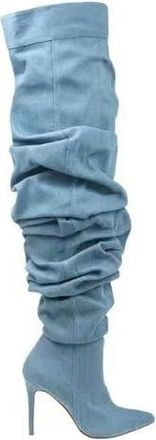 Generic SYJYM Bottes Cuissardes Automne Hiver Femmes Bleu Denim Slouchy Sur Le Genou C&ocirc;t&eacute; Fermeture &Eacute;clair Bout Pointu Talons Hauts Femmes Bottes, bleu, 37 EU