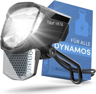 B&uuml;chel Tour Dynamo Lampe mit Standlicht und StVZO Zulassung I 45 LUX Fahrradlampe vorne, LED Standlicht, Fahrrad Scheinwerfer, LED Fahrradlicht vorne, Schwar