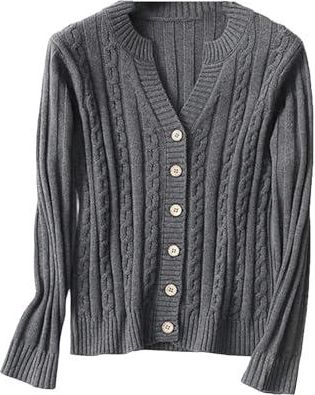 Generic Cardigan en tricot torsad&eacute; &agrave; manches longues et col en V pour femme, Gris, M