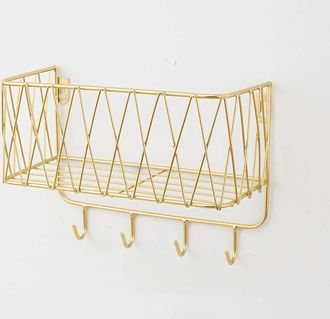 Railonch Wandregal Schweberegal mit Metallgitter,Wandregal mit Haken, Handtuchhalter, Wandgarderobe Schwimmende Wohnkultur (Golden,4 Haken)