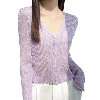 Generic Pull en soie pour femme avec col en V et dentelle Style court D&eacute;contract&eacute; Doux Slim Tops, Lavande, XS