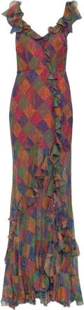Etro Femme, Robes, Multicolore, Taille: 38 FR Robe Longue en Soie avec Volants et Motif Cachemire G&eacute;om&eacute;trique