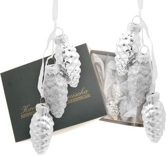 Krebs Glas Lauscha Weihnachtsdekoration/Christbaumschmuck aus Glas - Minizapfen mit Band - Farbe: Silber - 2 St&uuml;ck - Gr&ouml;&szlig;e: ca. 6 cm